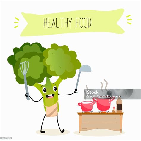 재미있는 브로콜리 만화 캐릭터의 벡터 일러스트레이션은 냄비와 국자 건강 식품 주방 재료 어린이 티셔츠 디자인이 있는 주방의 요리사 이미지입니다 가공의 인물에 대한 스톡 벡터