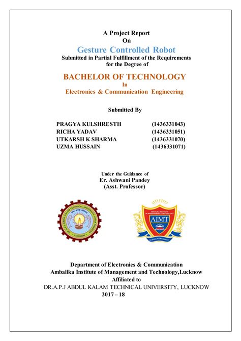 Project Report On Hand Gesture Controlled Robot Part 1 Docx