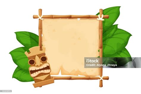 티키 부족 하와이 마스크 만화 스타일의 양피지와 대나무 프레임에 인간의 얼굴이 조각상이 이국적인 장식 흰색 배경에 고립 된 손바닥 잎 하와이의 고대 문화에서 하나님 목재