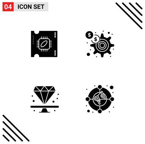 Set Of 4 Vector Solid Glyphs On Grid For Cpu Diamond Processor Chip Set Of 4 Vector Solid Glyphs On Grid For Cpu Diamond Processor Chip