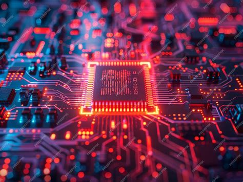 Close Up Of A Red And Blue Illuminated Microprocessor On A Circuit Board Premium Ai Generated