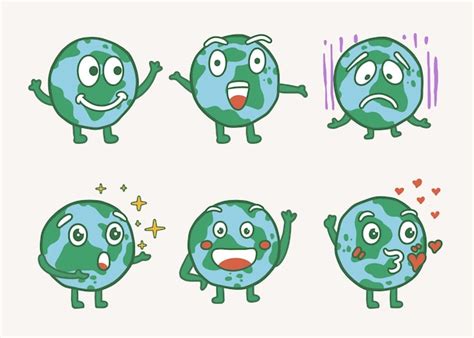 지구의 날 축하를 위한 귀여운 지구 만화 캐릭터 일러스트 컬렉션 프리미엄 벡터