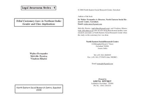Pdf Tribal Customary Laws In Northeast India Gender And Class