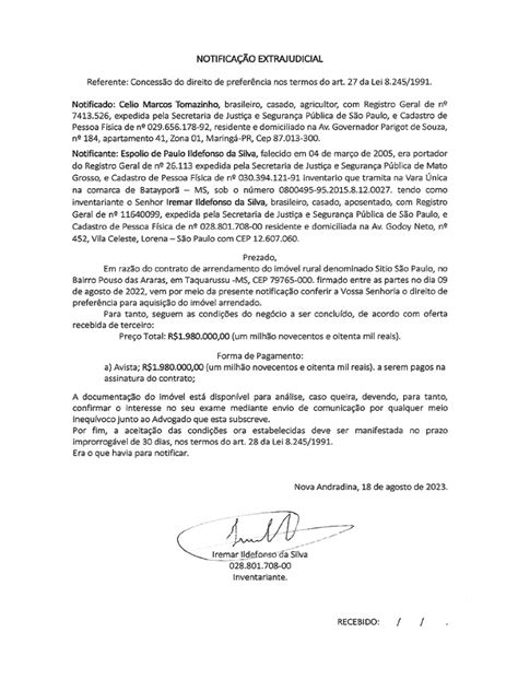 Notificação Extrajudicial De Venda Assinada Pdf