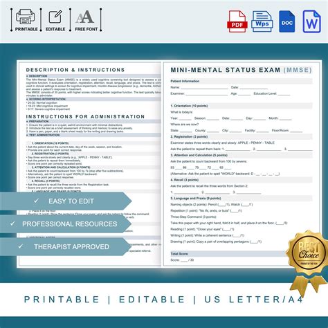 Editable Mini Mental Status Exam Mmse Template Cognitive Assessment Pdf And Word Cognitive