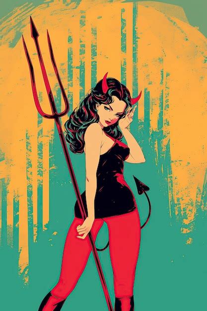 Premium Photo Illustration Devil Girl With A Colored Trident Pop Art