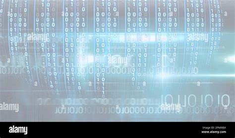 composition of binary coding processing on blue glowing background