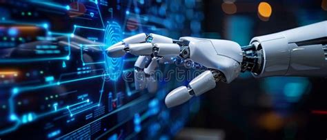 Futuristic Robotic Hand Interacting With Virtual Holographic Interface Showcasing Advanced Ai