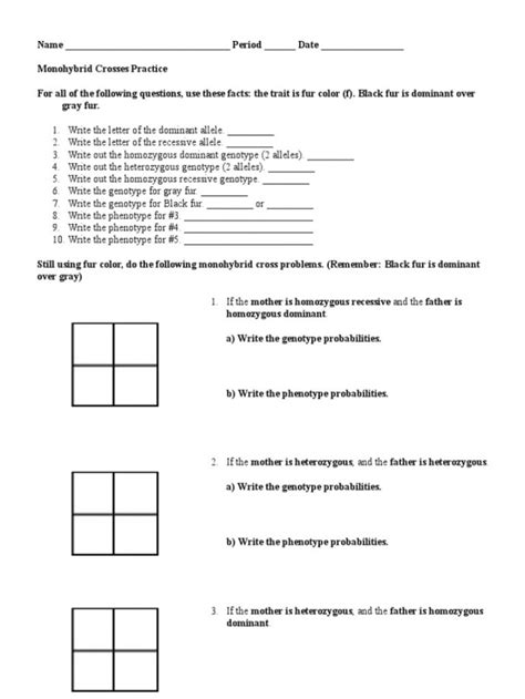 Monohybrid Cross Practice Worksheet Printable Pdf Template