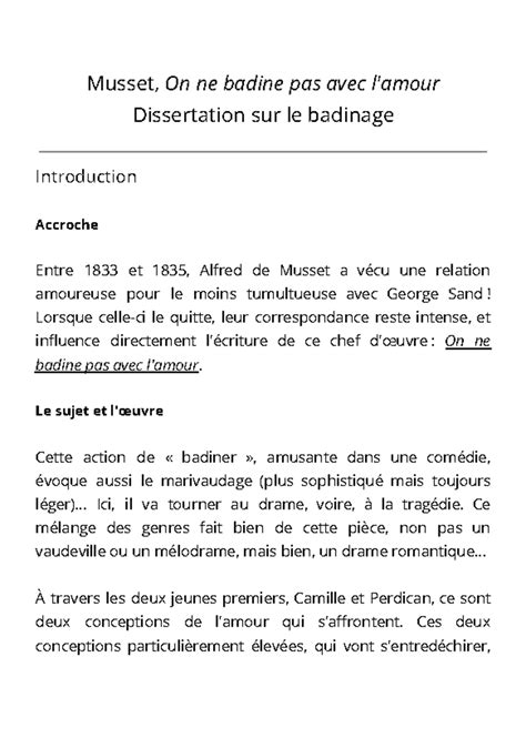 Dissertation Sur Musset Analyse De On Ne Badine Pas Avec Lamour