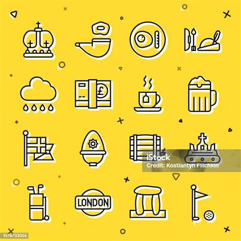 세트 라인 골프 깃발 영국 왕관 나무 맥주 잔 아침 식사 파운드 스털링 돈 비가 내리는 구름 티백 티백 아이콘 한잔 벡터 가방에