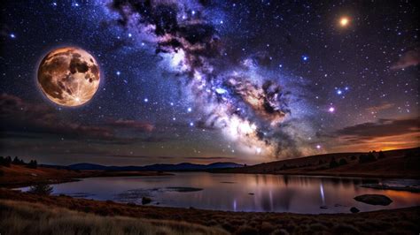 Night Sky With Milky Way Moon And Stars Reflected In A Lake Premium