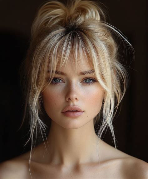 Blonde With Fringe Bangs Half Up Bun With Bangs Half Updo Bangs