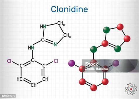클로니딘 분자 그것은 고혈압의 치료에 유용 심한 통증 그리고 Adhd 케이지에 있는 종이 시트 구조적 화학 식 및 분자 모델 건강관리와 의술에 대한 스톡 벡터 아트 및 기타