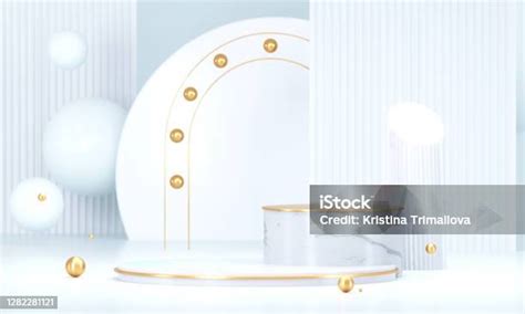 기하학적 모양과 골드 요소와 흰색 라운드 연단 추상 빈 받침대 디스플레이 플랫폼 3d 렌더링 0명에 대한 스톡 사진 및 기타 이미지 Istock