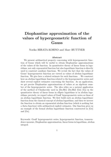 Pdf Diophantine Approximation Of Values Of Gauss Hypergeometric Function Diophantine