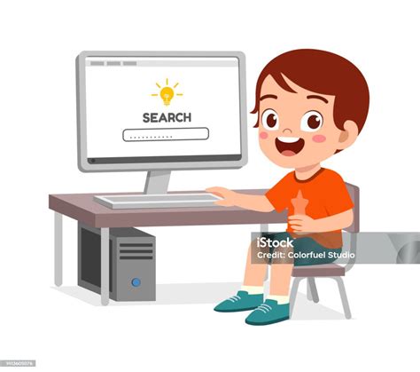 귀여운 작은 아이는 인터넷을 공부하기 위해 컴퓨터를 사용합니다 컴퓨터에 대한 스톡 벡터 아트 및 기타 이미지 컴퓨터 가상현실 교육 Istock