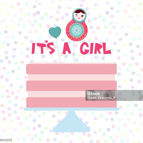 그 여자 달콤한 핑크 케이크 딸기 핑크 크림 마트 심장 베이비 샤워 배너 디자인 카드 서식 폴카 도트 화이트 바탕에 파스텔 색상 벡터 귀여운에 대한 스톡 벡터 아트 및 기타