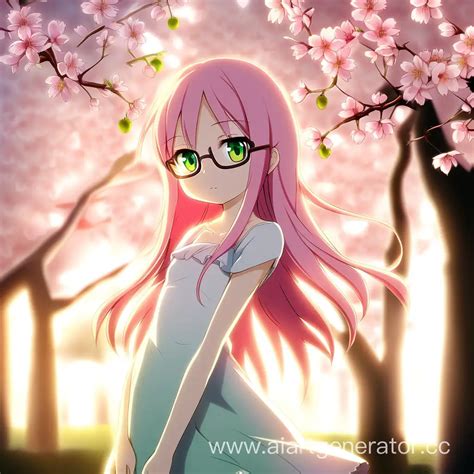 Anime Girl With Pink Hair And Green Eyes In Cherry Blossom Garden Ai