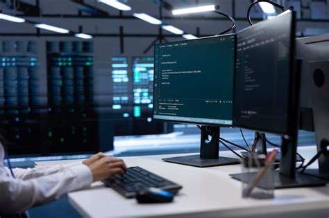 Premium Photo It Expert Inputting Data On Pc In Server Farm After