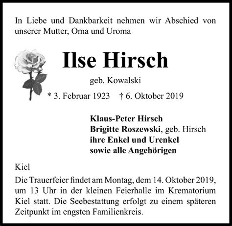 Traueranzeigen Von Ilse Hirsch Trauer Anzeigen De