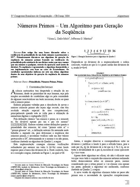 Numeros Primos Um Algoritmo Para Geracao Da Sequencia Pdf