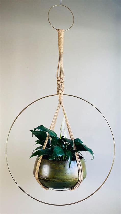 Énorme Aten Hoop Macramé Plant Hanger Brass Ring Jute Or Blanc