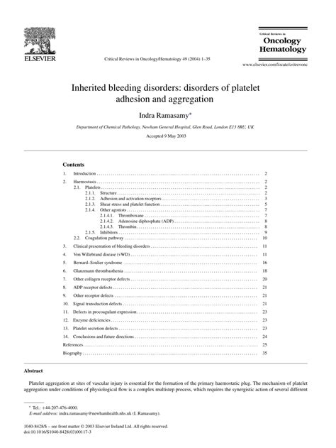 Pdf Inherited Bleeding Disorders Disorders Of Platelet Adhesion And
