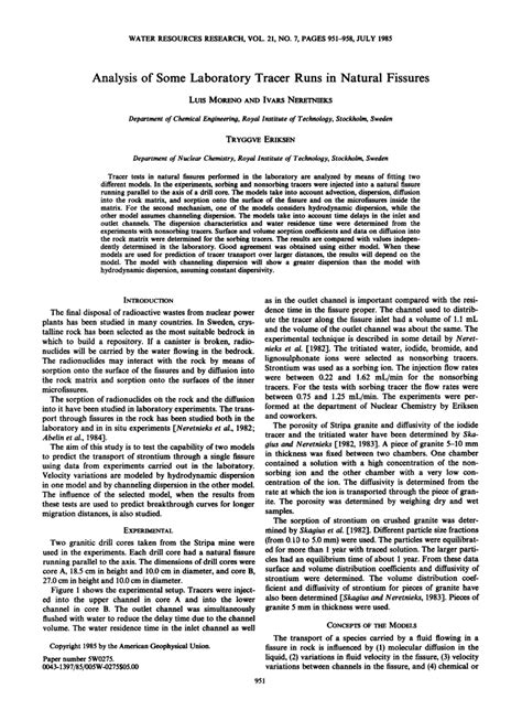 Pdf Analysis Of Some Laboratory Tracer Runs In Natural Fissures