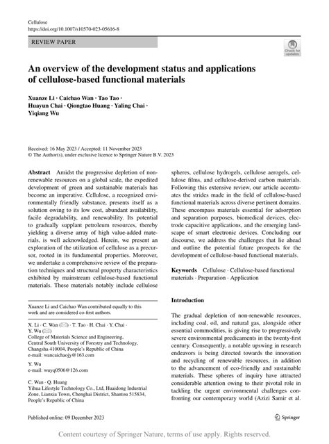 An Overview Of The Development Status And Applications Of Cellulose Based Functional Materials