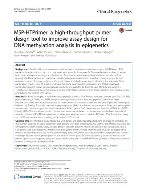 Pdf Msp Htprimer High Throughput Tool For Dna Methylation Primers