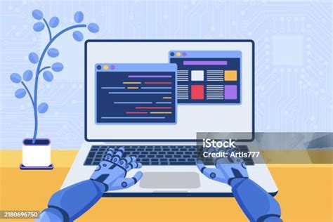 Ai를 활용한 소프트웨어 코드 자동화 개발 머신러닝 노트북에서 로봇 코딩 Brand Name Online Messaging Platform에 대한 스톡 벡터 아트 및 기타