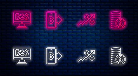 모바일에서 라인 마이닝 비트 코인을 설정 화살표까지 퍼센트 암호 화폐 교환및 달러로 동전 돈 벽돌 벽에 빛나는 네온 아이콘 벡터 0명에 대한 스톡 벡터 아트 및 기타 이미지