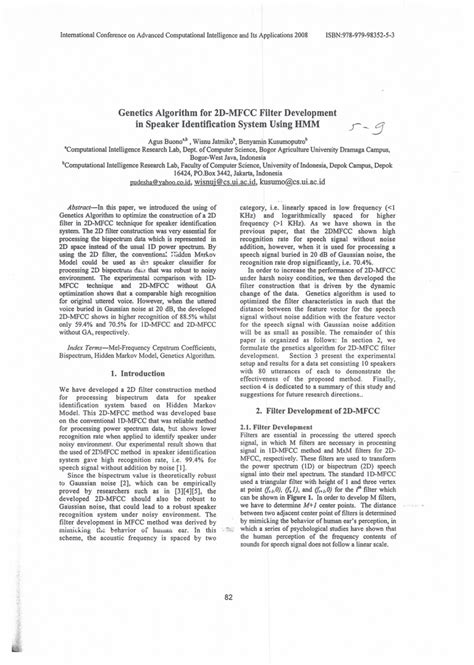 Pdf Genetics Algorithm For 2d Mfcc Filter Development In Speaker