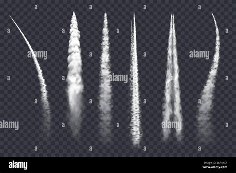 Plane smoke trail, air jet clouds, vector contrail realistic 3d airplane or rocket white lines ...