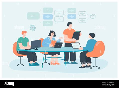 Girls And Boy Having Programming Lesson Flat Vector Illustration Stock