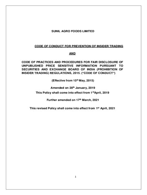 Fillable Online Sunil Agro Foods Limited Code Of Conduct For The Fax Email Print Pdffiller