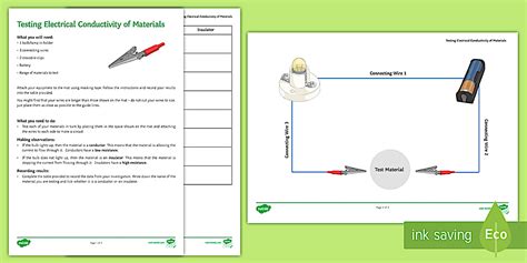 Testing Electrical Conductivity Of Materials Investigation Instruction Sheet