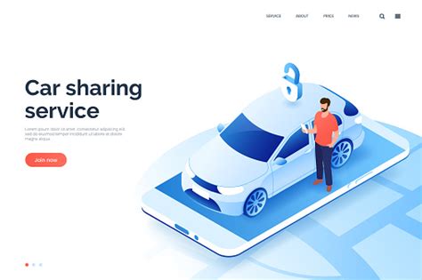 카 셰어링 서비스 등소 일러스트레이션 카셰어링 자동차 옆에 서 있는 스마트폰을 가진 남자 모바일 앱을 통한 차량 대여 비즈니스를 위한 요소를 디자인합니다 차에 대한 스톡