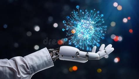 Futuristic Robotic Hand Holding Glowing Nano Particles Showcasing Biotech Innovation And