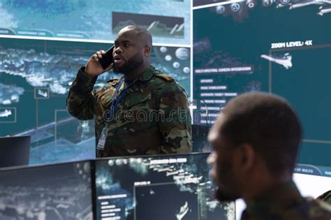 Military Officers Work In A High Tech Army Control Tower Base Stock Image Image Of