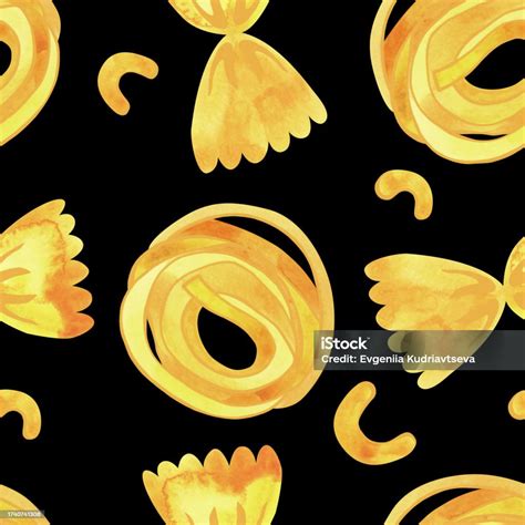 메뉴 포장지 파스타 포장 카페 또는 레스토랑의 직물 커튼 식탁보 소파 실내 장식품의 디자인을위한 이탈리아 파스타와의 완벽한 패턴 검은색 배경에 수채화 그림 가정 주방에 대한