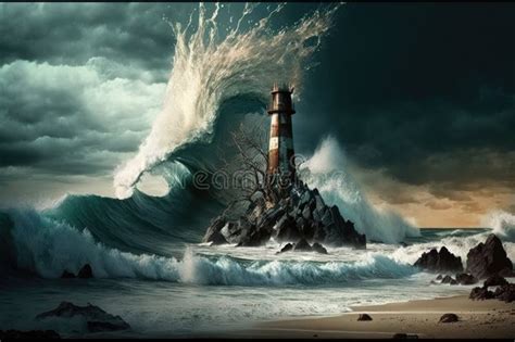 A Large And Tall Splash Of Water On The Seashore Near The Lighthouse