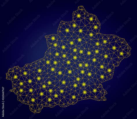 Yellow Mesh Vector Xinjiang Uyghur Region Map With Glow Effect On A Dark Blue Gradiented