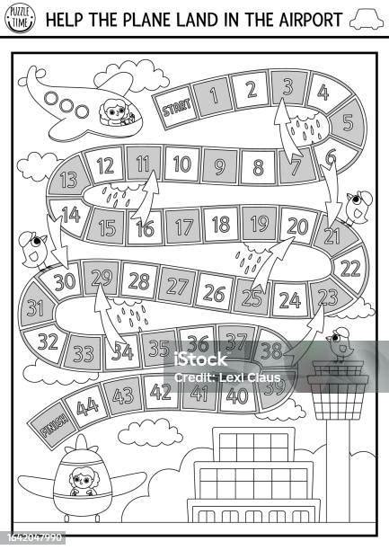 착륙 비행기 조종사가 있는 도시 교통 흑백 주사위 보드 게임 아이들을 위한 항공 운송 보드게임 인쇄 가능한 활동 색칠 공부 페이지 비행기가 공항에 도착할 수 있도록