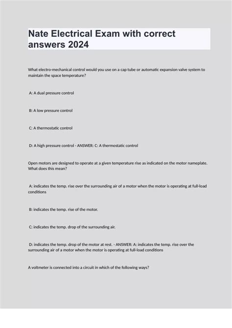 Nate Electrical Exam With Correct Answers NATE Stuvia US