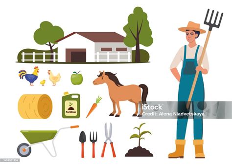 농부 캐릭터와 다양한 농장 요소 여자 농부 헛간 말 비료 건초 더미 카트 작물 갈퀴 물을 수 있습니다 식물 팜 테마의 요소 집합입니다 벡터 그림입니다 건초더미에 대한 스톡