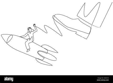 Single One Line Drawing Arab Businessman Riding Rocket Flies Away From