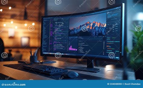 A Sleek Curved Monitor Displays Vibrant Data Visualizations And Coding Interfaces Creating An