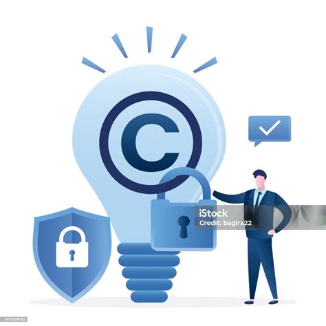 저작권 기호가 있는 큰 아이디어 전구 사업가 권리 보유자는 자물쇠를 걸고 있습니다 지적 재산권 특허 보호 저작권 보유 또는 복사할 수 없는 제품 상표 특허에 대한 스톡 벡터